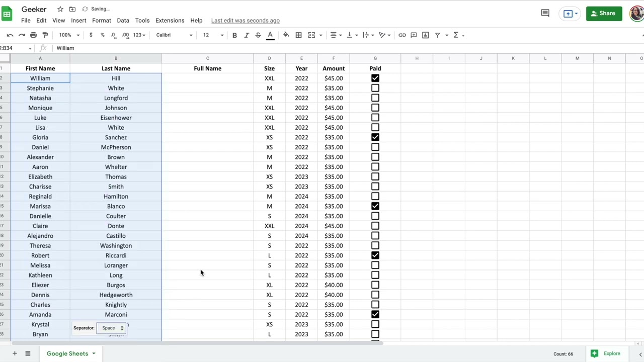 How to combine & split cells in Google Sheets