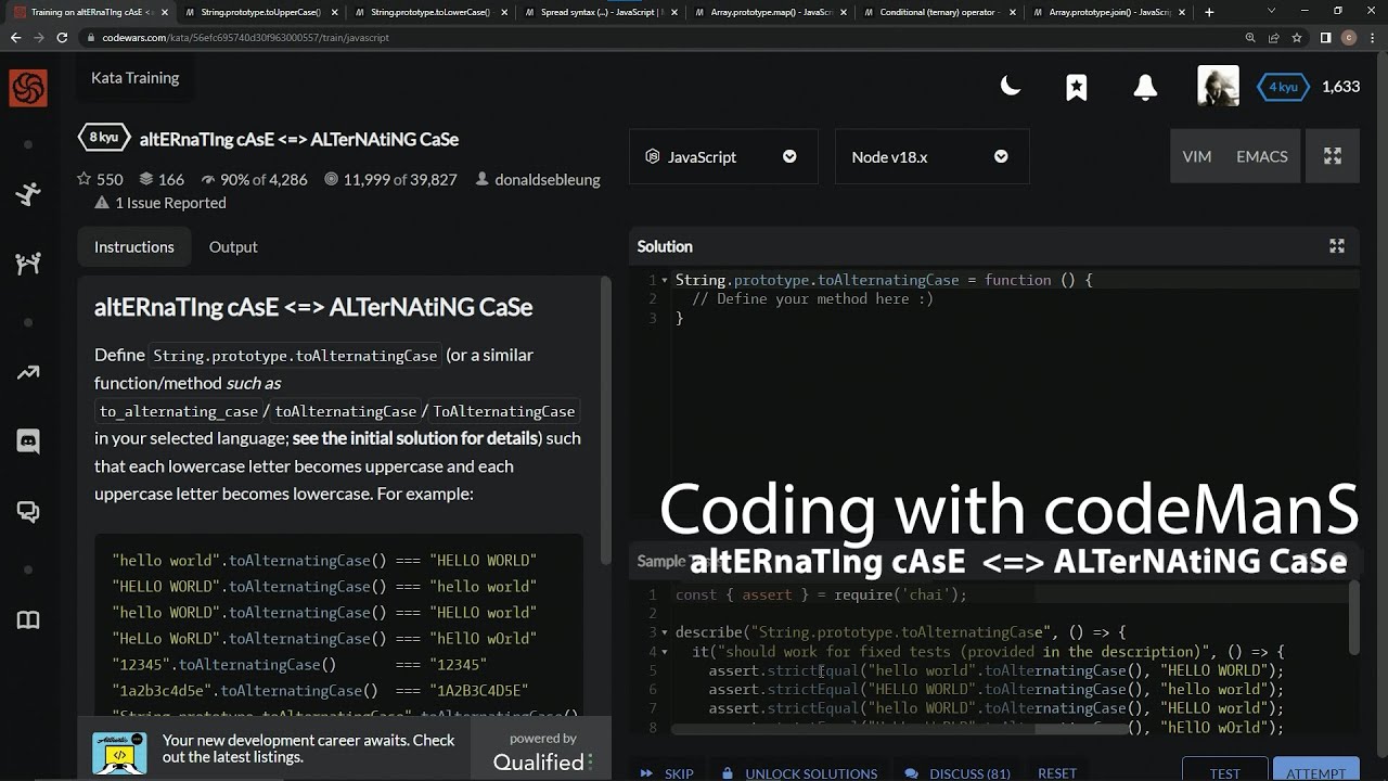 Codewars 8 kyu altERnaTIng cAsE to ALTerNAtiNG CaSe Javascript