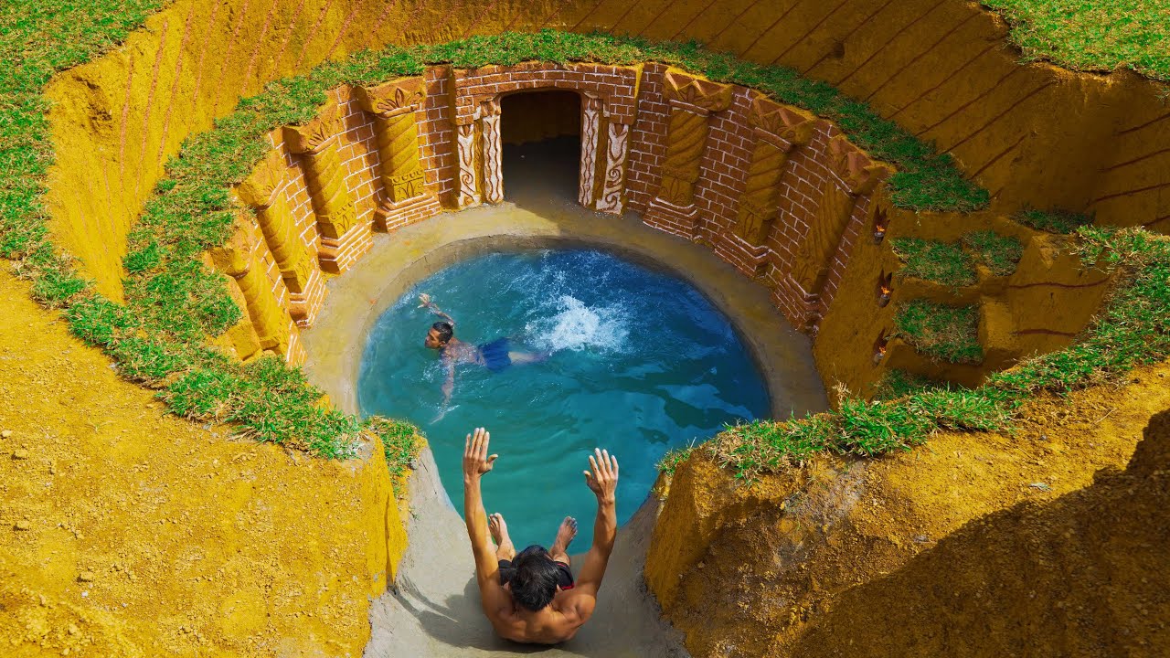 Build Water Slide Down Underground Swimming Pool Around Secret Underground House