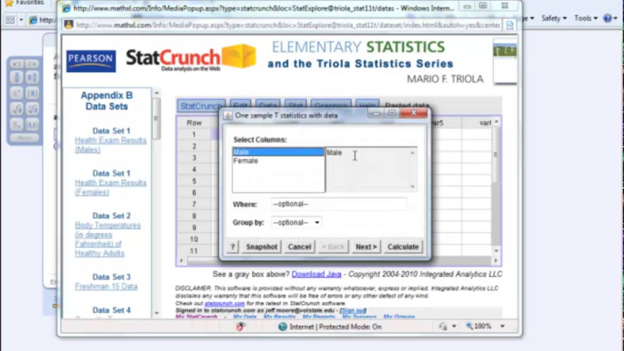 Chapter 7 confidence interval for mean example 4 Statcrunch