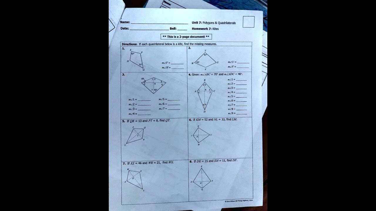 [Math] Polygons & Quadrilaterals Homework 7: Kites Date: Bell: This is a 2-page document. Direction