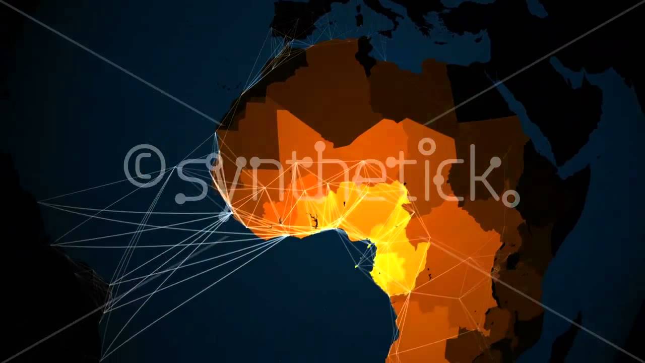World map loop. Global network of lines. Countries light up.