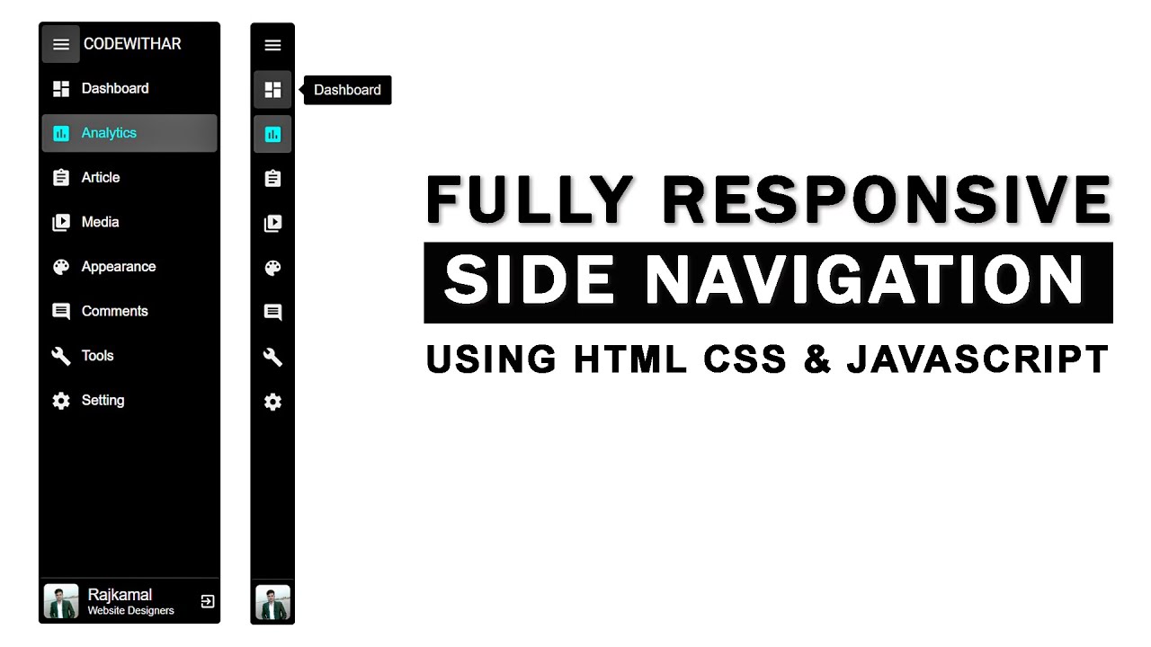 How to Create Responsive Side Navigation Bar in HTML CSS And JavaScript | Dashboard Sidebar Menu