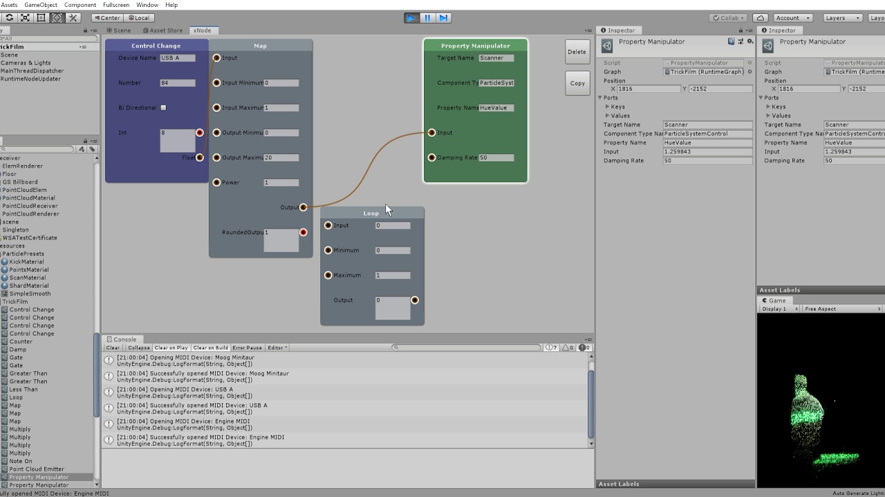 Custom node system for programming scenes at runtime