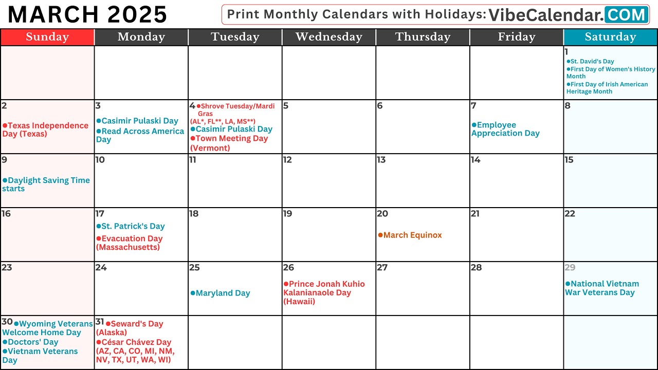 March 2025 Calendar with Holidays and Observances (All) #calendar #march #holiday