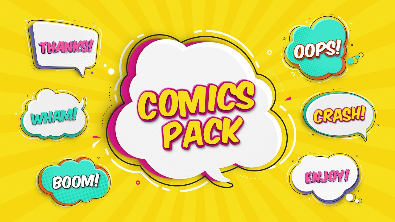 After effects project. Comics Pack - design of animated cartoon speech bubbles, transitions & titles