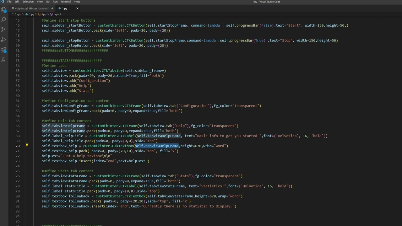 Python GUI desktop application project with Customtkinter - Creating tabs, textbox and label