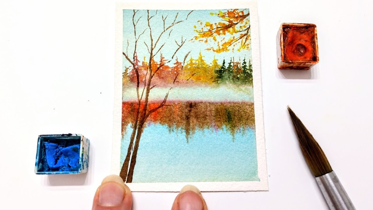 REAL TIME misty autumn lake reflection painting tutorial » How to paint an autumn lake landscape