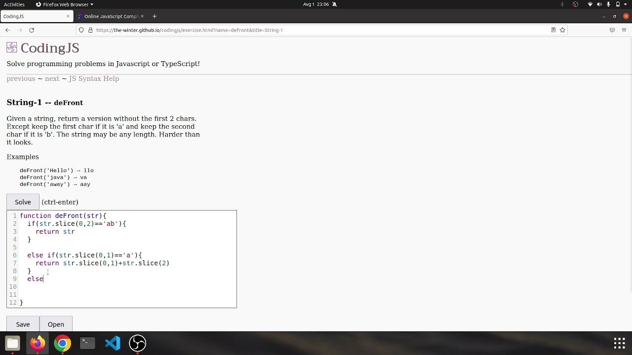 String 1 deFront  Javascript solution
