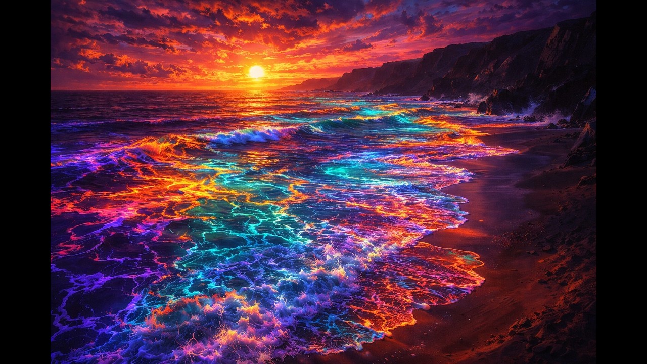 60 Min | Electric Sunset Beach | Glowing Waves Background
