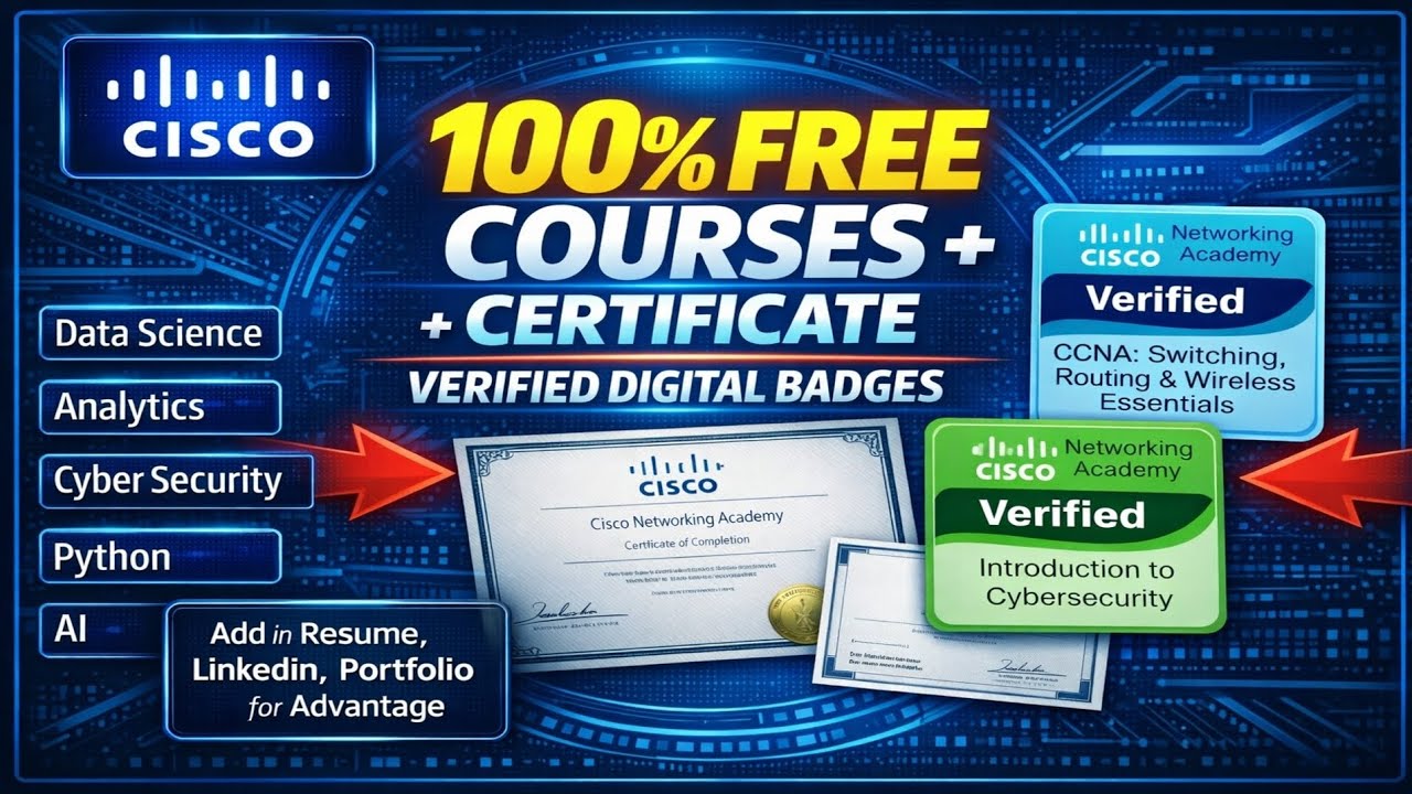 100% Free Cisco Courses with Certificate + Credly Verified Badges 😍 | Add to Resume + LinkedIn 