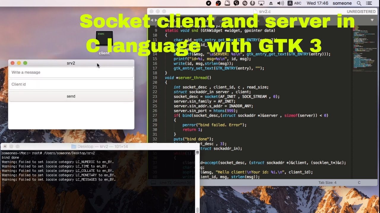 Client and server in C program language (sending messages to connected clients from the server)