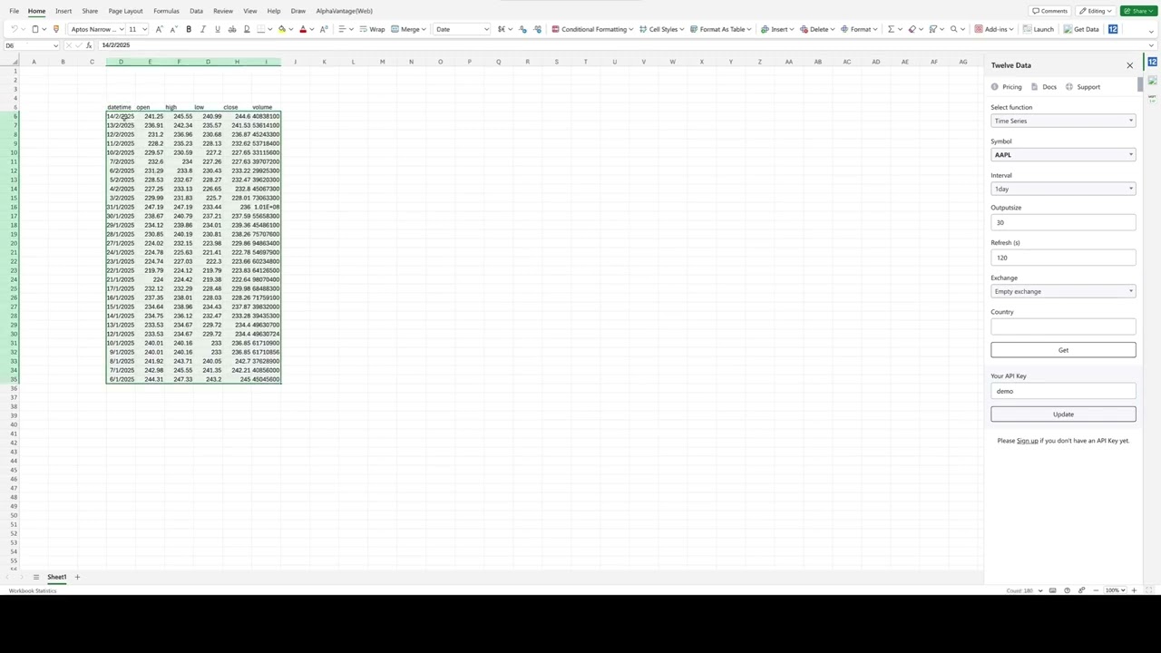 Twelve Data Excel Add-in usage