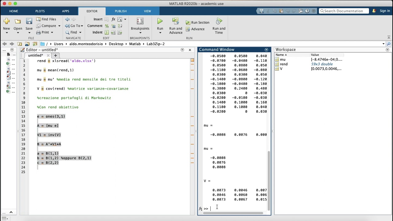 Markowitz portfolio selection with Matlab