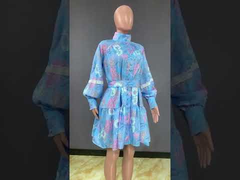 Spring Autumn Women's Fashion Chic Long Sleeve High Neck Swing Print Dress,2colors,S-XL,YZ FD1004