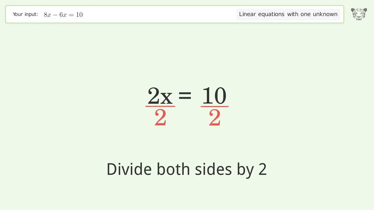 Linear equation with one unknown: Solve 8x-6x=10 step-by-step solution