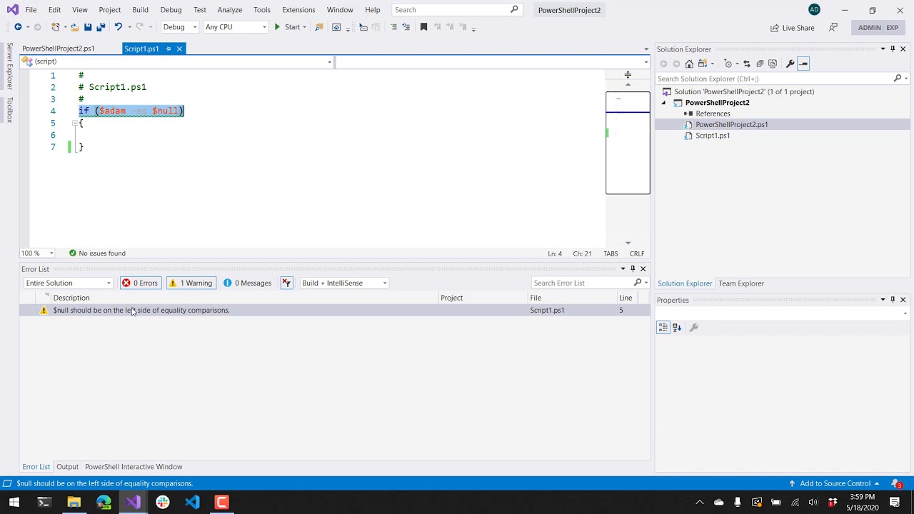 Using PSScriptAnalyzer to analyze PowerShell scripts in Visual Studio