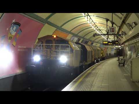 Schweerbau RGS Rail Grinder, hauled by Power Car 1 and Power Car 2 at Russell Square