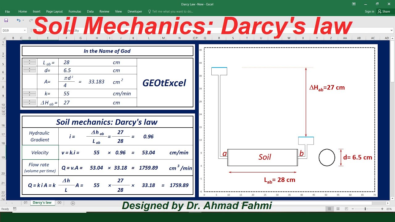 Darcy's law:One-Dimensional Flow of Water Through Soils: Excel Spreadsheet:GEOtExcel: #soilmechanics