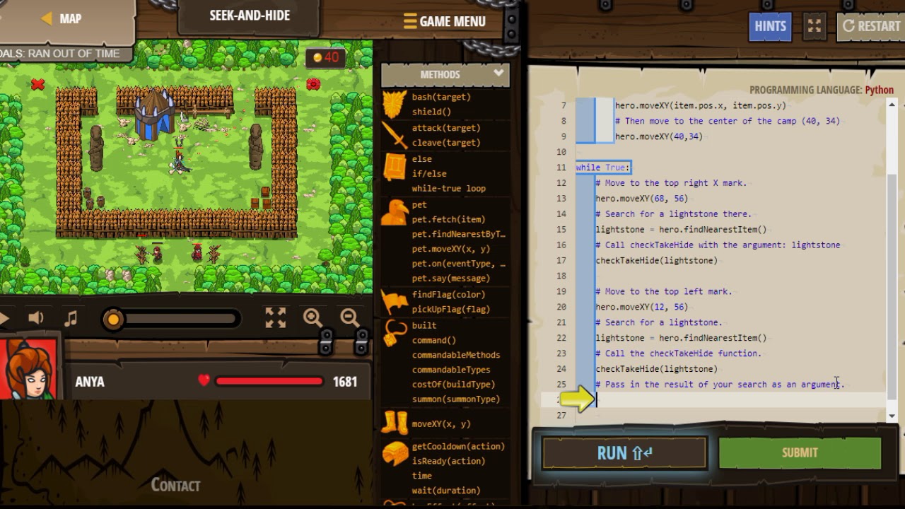 CodeCombat. Python solution.  Seek and hide