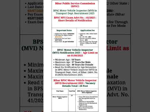 BPSC Motor Vehicle Inspector (MVI) in Transport Dept. Recruitment 2025 #bpsc #mvi #news #shorts #job
