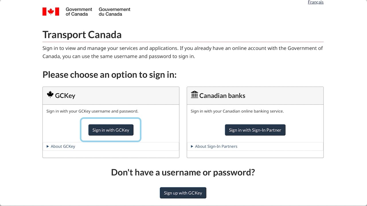 Sign-in process on the Transportation Security Services (TSS) platform using GCKey