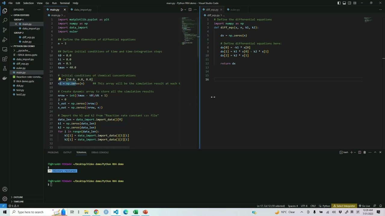 A full Python demo to solve a group of differential equations numerically using Euler method