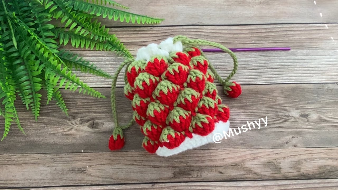 Crochet Strawberry Drawstring Bag 3D Pattern By Mushyy EASY Tutorial for Beginners#crochettutorial