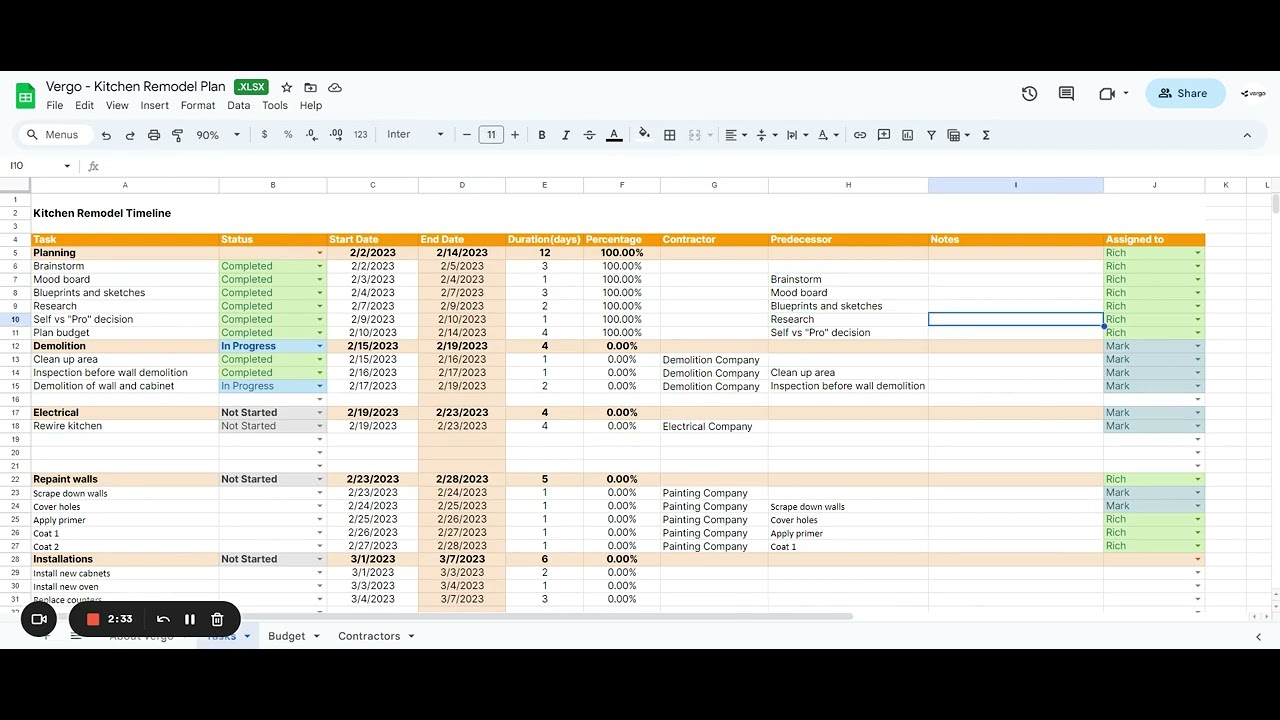 Vergo Kitchen Remodel Plan Template in Google Sheets
