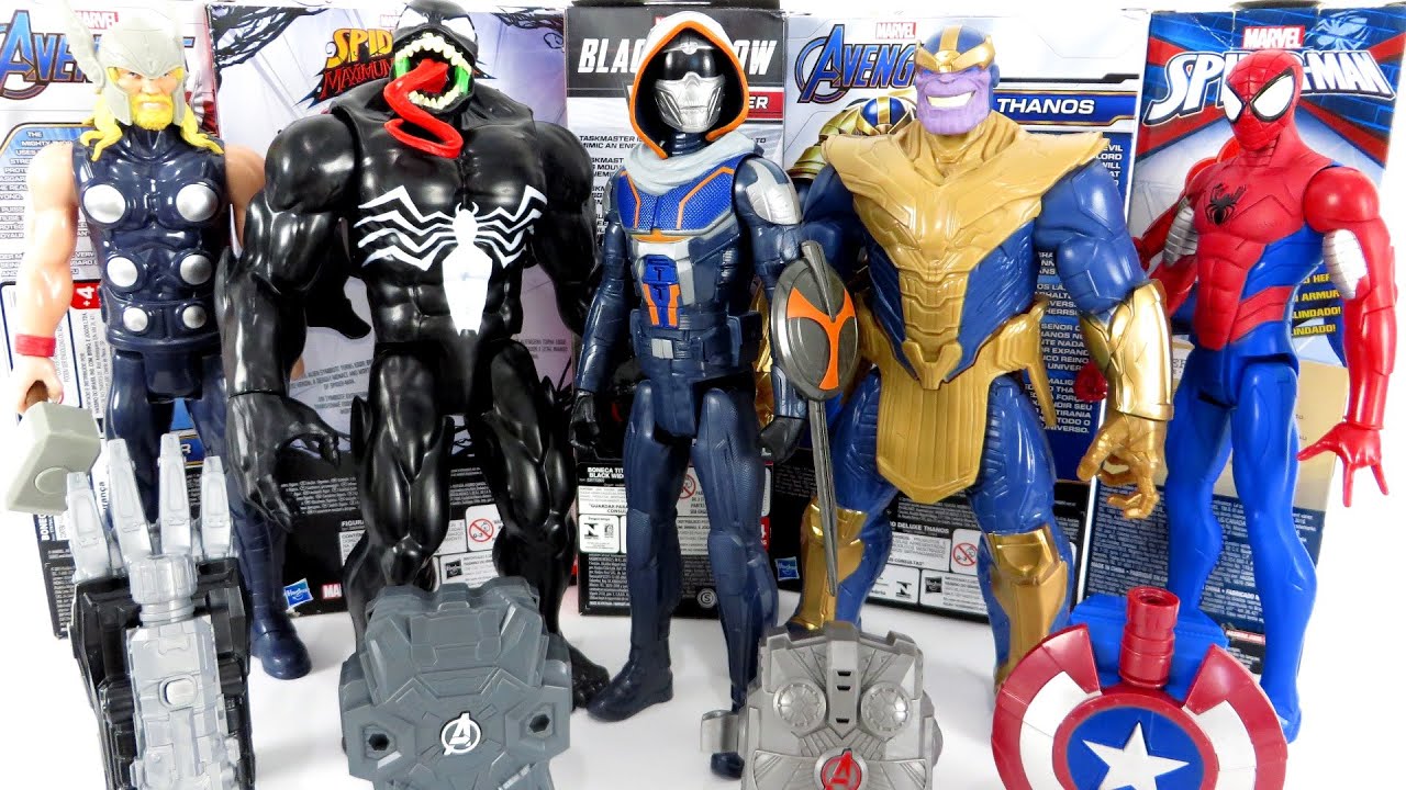 Bonecos dos Vingadores Thor & Homem-Aranha | Vilões Marvel THANOS, VENOM e TASKMASTER com Power FX