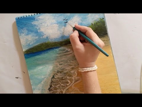Ocean painting for beginners| Time-Lapse | Ocean Waves & Trees