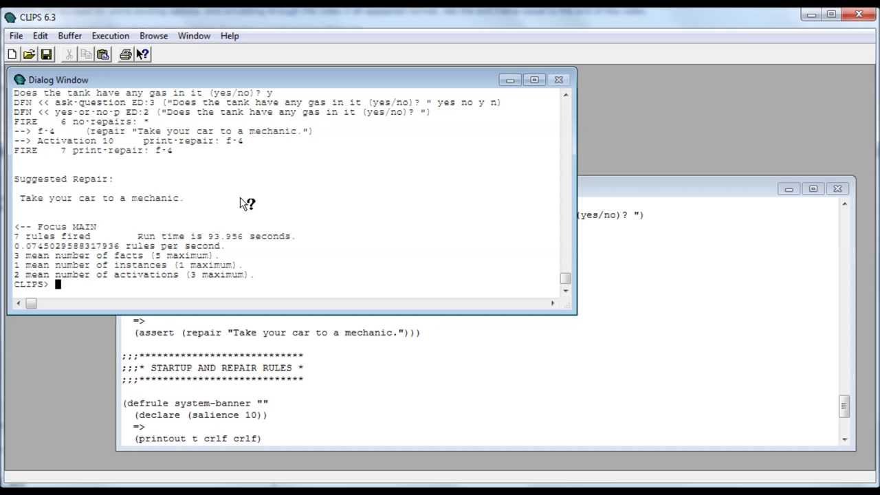 A.I. - Artificial Intelligence, CLIPS Programming Language, quick run thru! Car Diagnosis! ACE