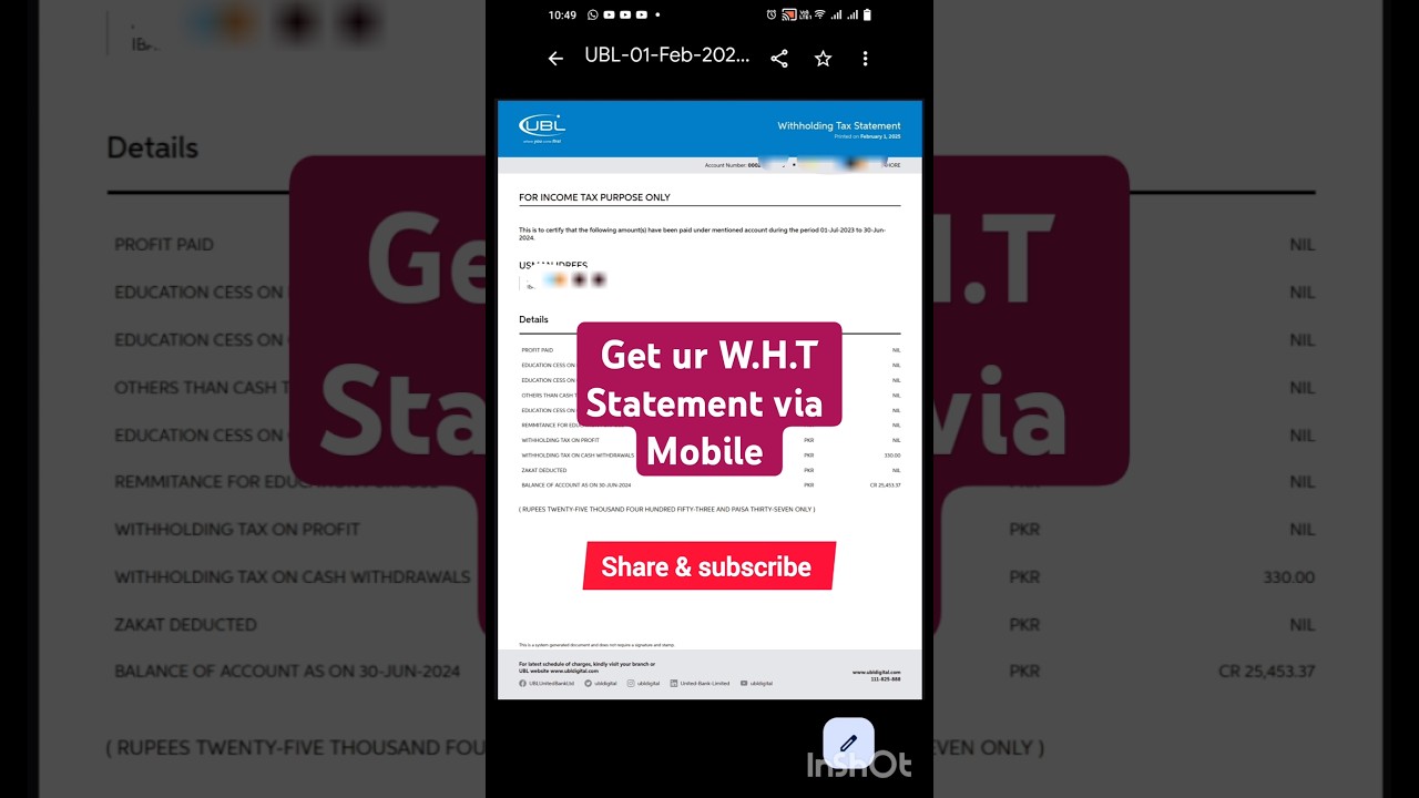 Bank WHT Certificate Mobile Se Easily Lein | UBL Guide 2025 #WithholdingTax #UBL #humausman