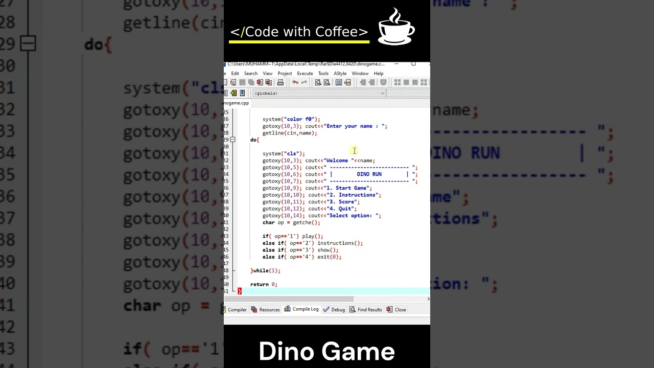 Dino game in C++ | Subscribe for source code | #coding #programming #dinosaur #game