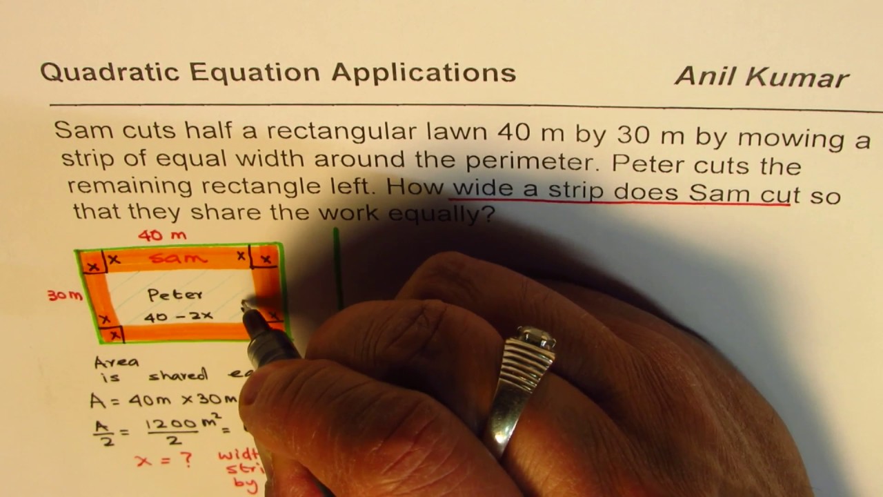 Strip width to cut for Equal Rectangular Area Quadratic Application