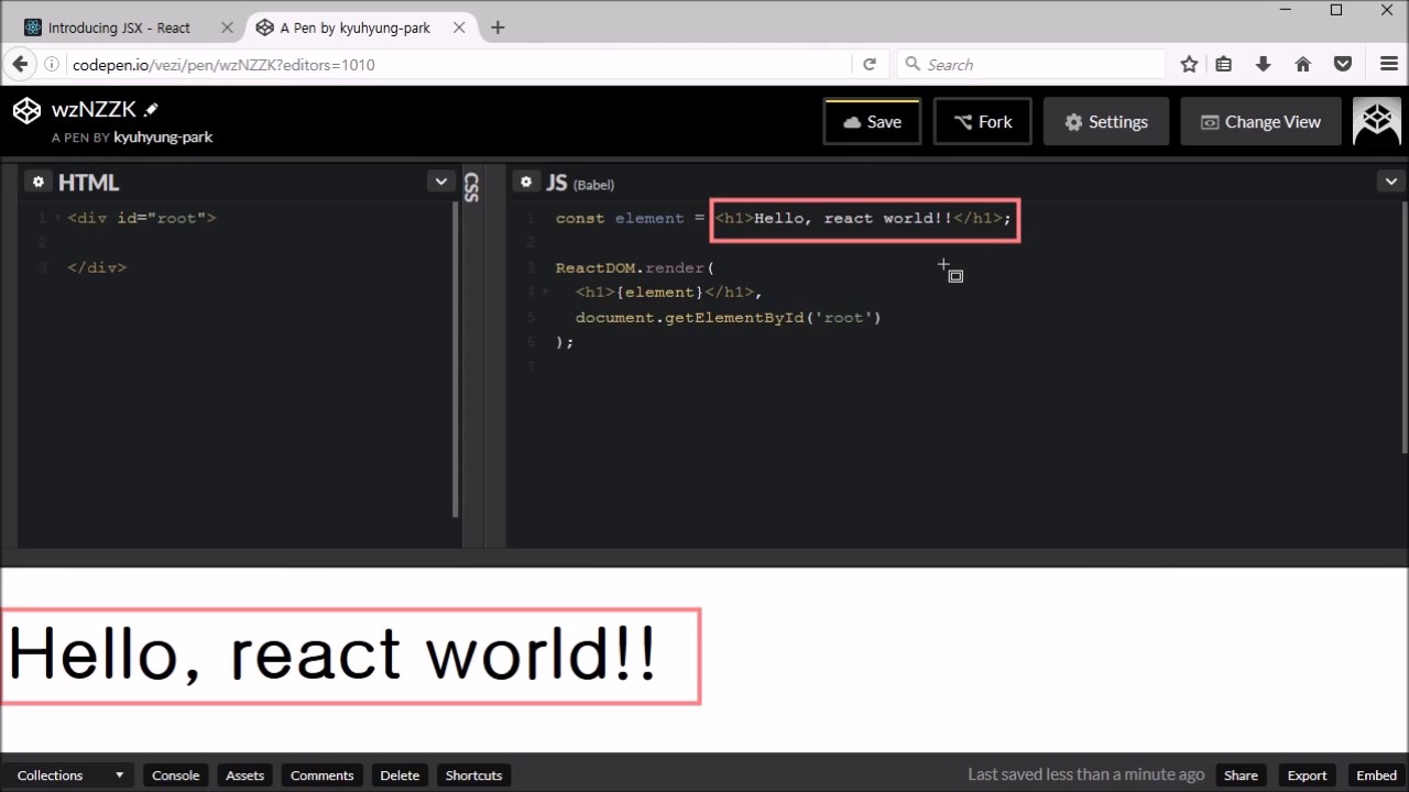 [Tutorial Practice] Reactjs Quickstart hello world JSX codepen