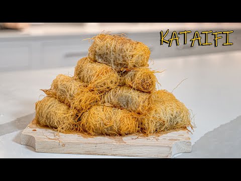 Kataifi traditional Greek dessert with shredded phyllo and nuts