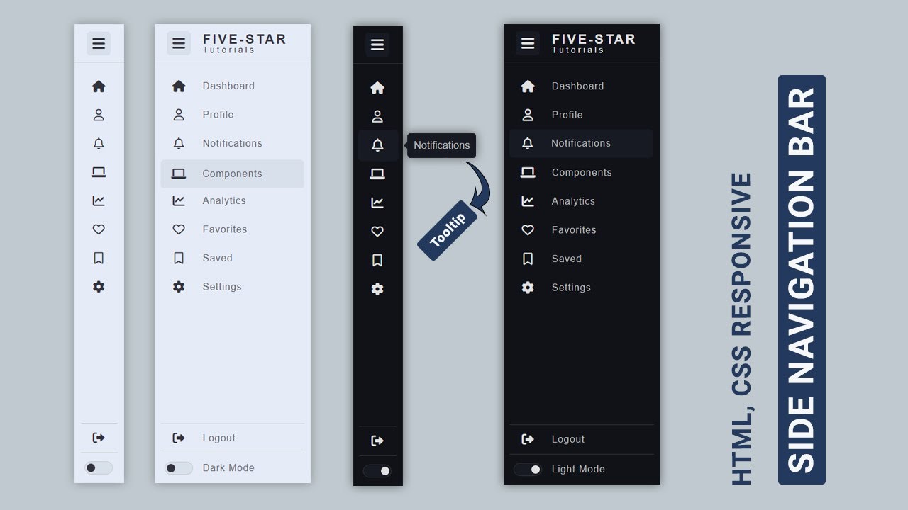 Responsive Side Navigation Bar With Dark and Light Mode Using HTML & CSS | Dashboard Sidebar