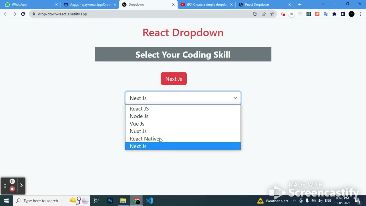 Create a simple dropdown component using React | Coding Ninjas React Skill Test