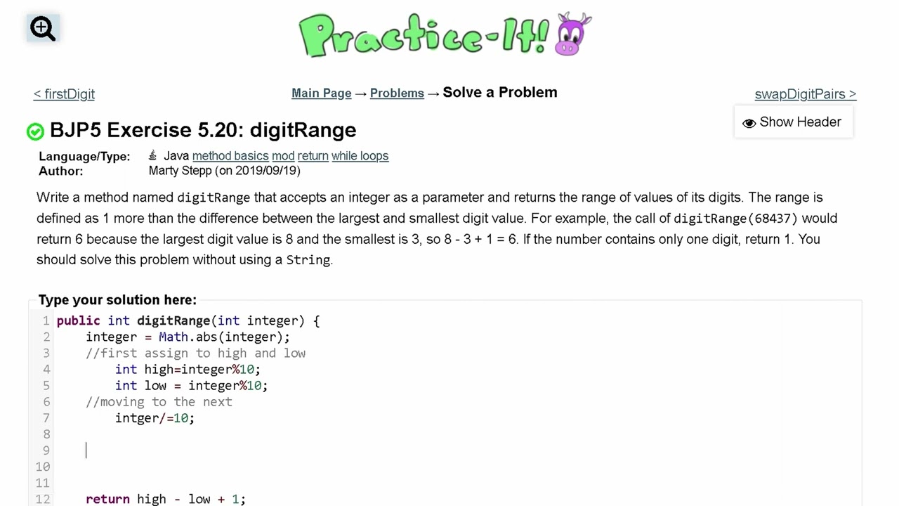 Java Practice It | Exercise 5.20: digitRange | if, else, Boolean logic, method basics, return