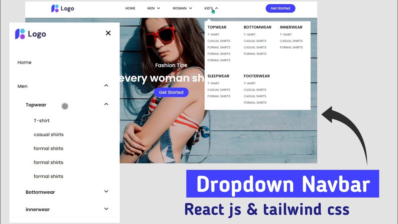 Responsive dropdown  navbar with tailwind css and react js | React js and Tailwind css