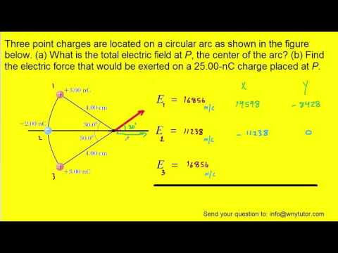 Three point charges are located on a circular arc as shown in the figure below. (a) What is the tota