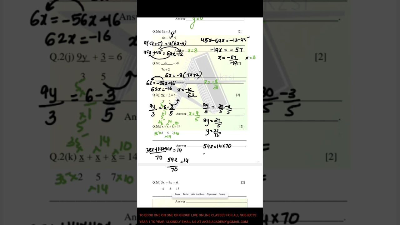GCSE/IGCSE ALGEBRA solving linear equations worksheet part 2
