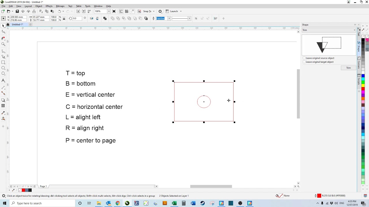 CorelDRAW 2019 - quick alignment shortcut keys