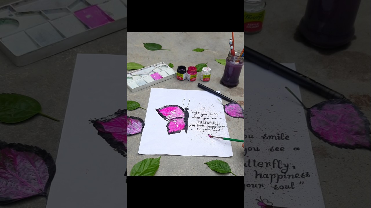 Butterfly / leaf art / Acrylic colour painting / Aesthetic painting / shorts / Pink butterfly / love