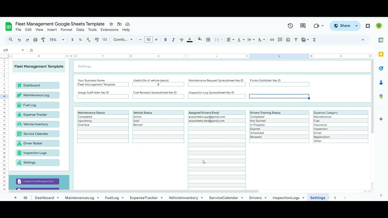 Fleet Management Template in Google Sheets