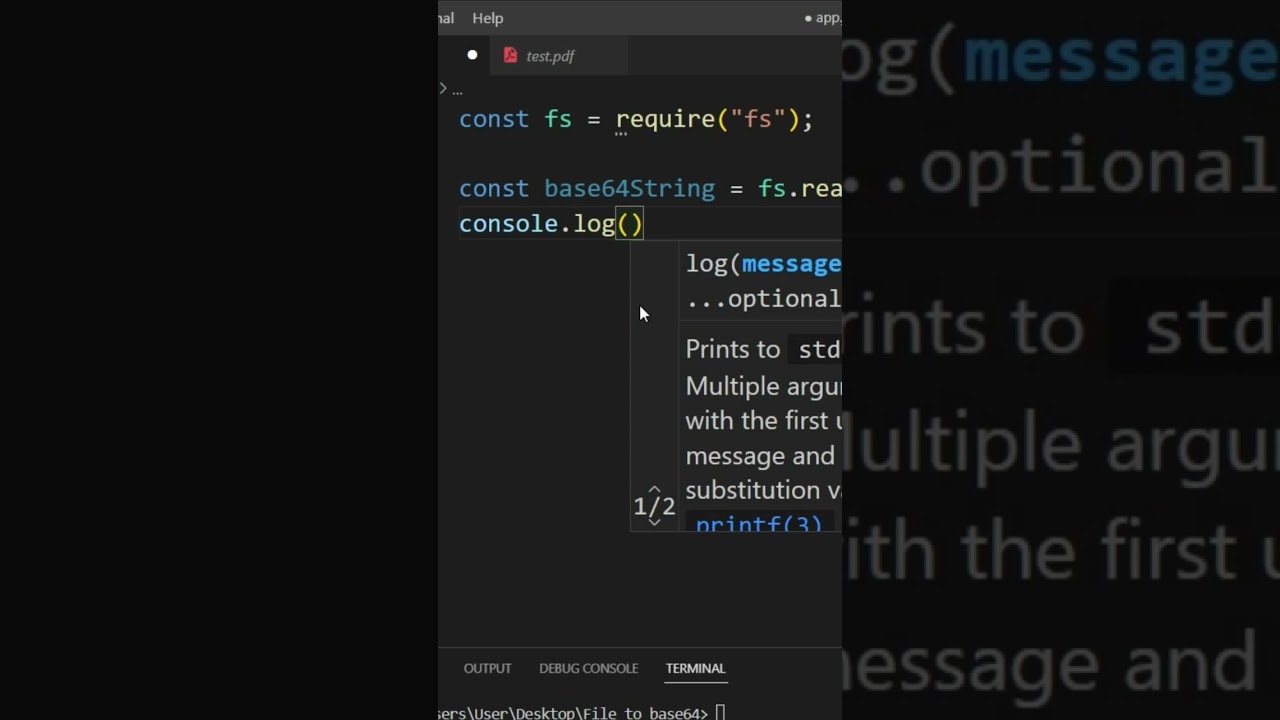 Convert PDF to base64 in 1 LINE! Nodejs #shorts #javascript #nodejs #programming