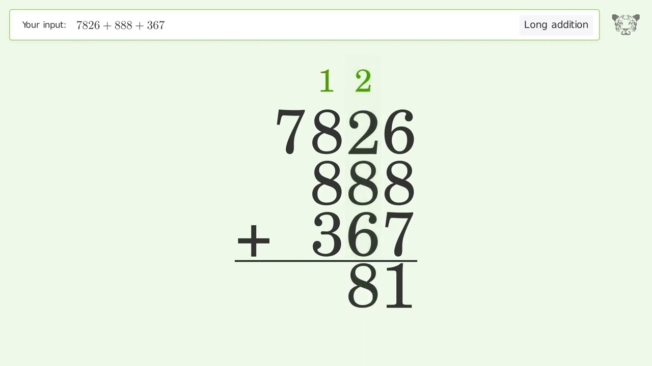 Long addition: Solve 7826+888+367 step-by-step solution