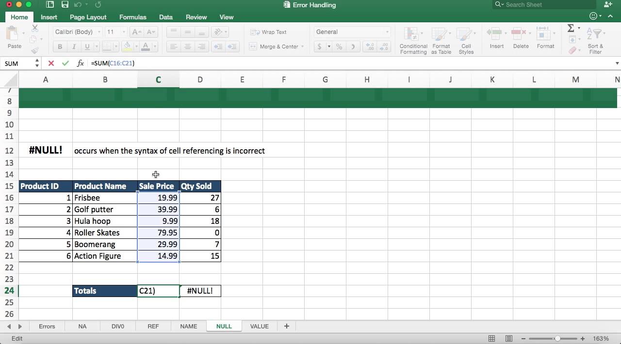 NULL Errors in Microsoft Excel