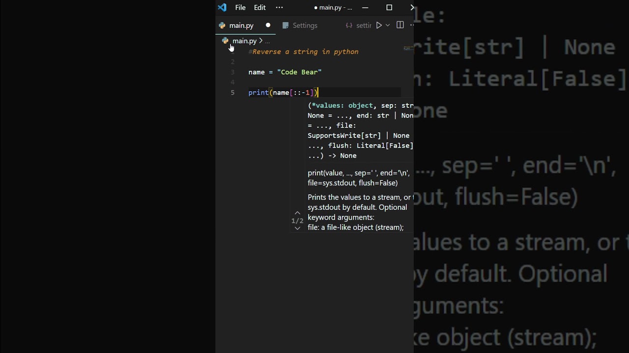 Reverse a string in #PYTHON under 10 seconds | python tricks | #coding #programming #shorts